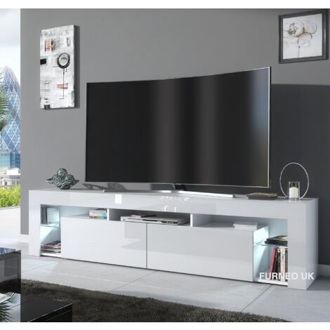 Furneo White TV Stand 200cm Cabinet Unit Matt & High Gloss Milano06 ...