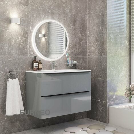 Furneo Bathroom Vanity Unit Floating Storage Basin Gloss Grey 2-Drawer ...