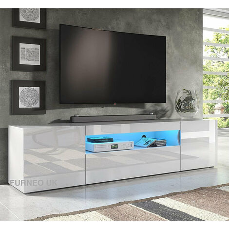 Furneo 200cm Long TV Stand Unit Cabinet Matt & High Gloss White ...