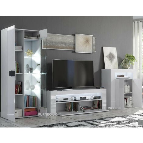 Furneo High Gloss & Matt White Living Room Set TV Stand Sideboard ...