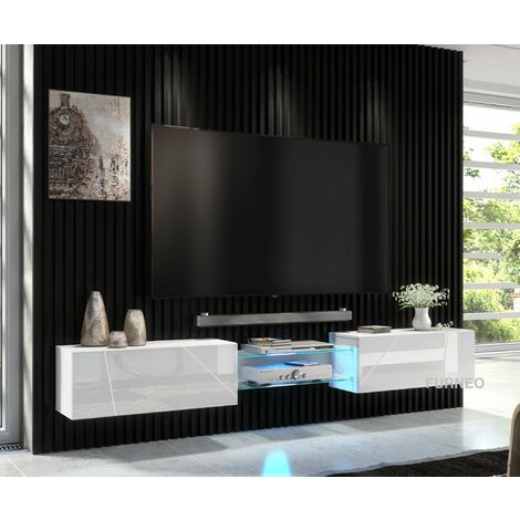 Furneo White Floating TV Cabinet 230cm Wall Unit Modern High Gloss ...