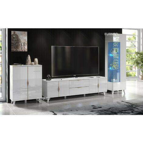 Furneo High Gloss & Matt White Living Room Set TV Stand Display Cabinet ...