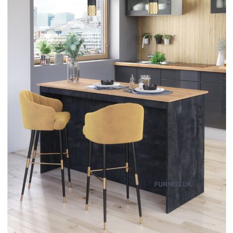 Furneo Kitchen Island Modern Breakfast Bar Shelves Black Concrete & Oak ...