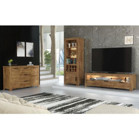 Furneo TV Stand Oak Dark Effect Display Cabinet Sideboard Set LED Light ...