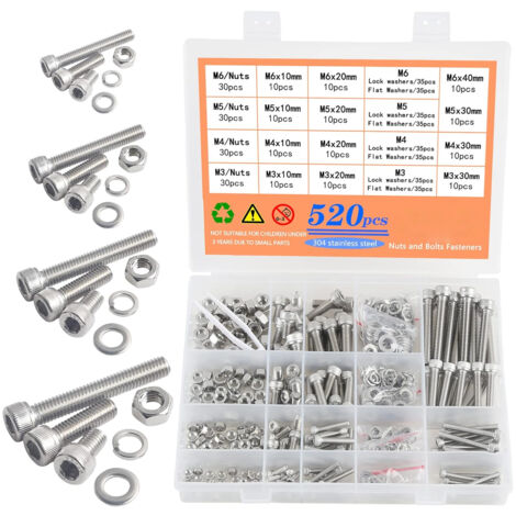 520 pièces M3 M4 M5 M6 Ensemble d'écrous et de boulons 304 en acier inoxydable à six pans creux ...