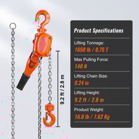 Mophorn Paranco a catena manuale, capacità 3/4 tonnellate 1650 libbre ...