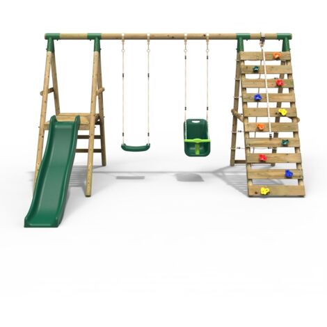Rebo Wooden Swing Set with Deck and Slide plus Up and Over Climbing ...