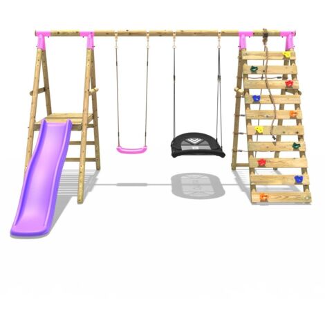 Rebo Wooden Swing Set with Deck and Slide plus Up and Over Climbing ...