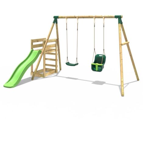 Rebo Wooden Swing Set plus Deck & Slide - Luna Green