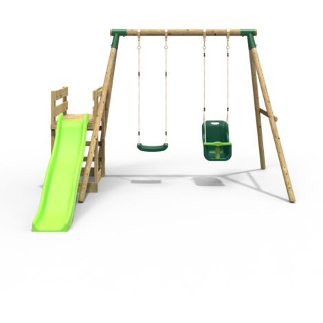 Rebo Wooden Swing Set plus Deck & Slide - Luna Green