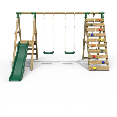 Rebo Wooden Swing Set with Deck and Slide plus Up and Over Climbing ...