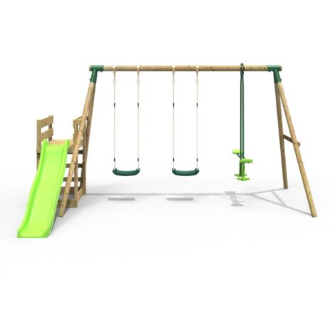 Rebo Wooden Swing Set plus Deck & Slide - Neptune Green