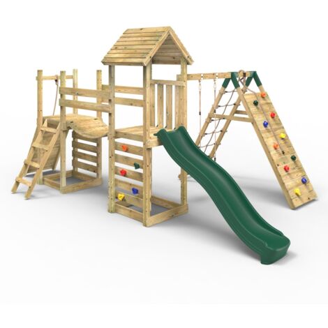 Rebo Double Tower Climbing Frame with Flexible Bridge, Swing & Slide - Bear