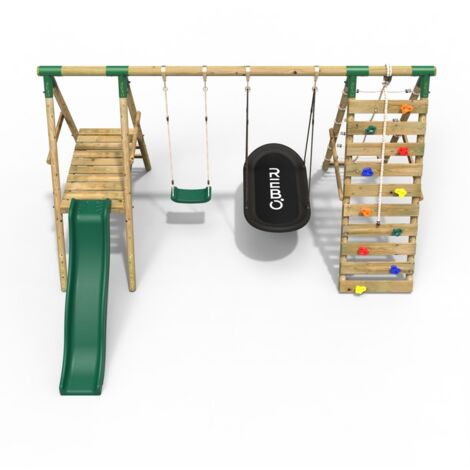 Rebo Wooden Swing Set with Deck and Slide plus Up and Over Climbing ...