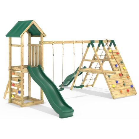 Rebo Wooden Climbing Frame with Swings, 6+8FT Slides & Climbing Wall ...