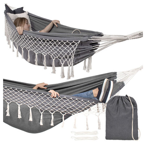 Amaca doppia da giardino con frange 200x150cm a dondolo 200kg grigio-crema