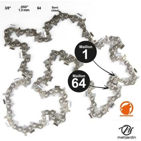 Chaîne Kerwood pour tronçonneuse 3/8" 1,3 mm 64 maillons. Gouge profil ...