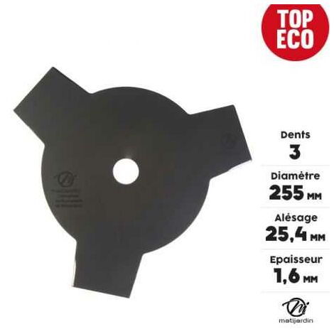 Lame 3 dents débroussailleuse. Ø 255 mm. Alésage 25,4 mm. Epaisseur 1,6 mm