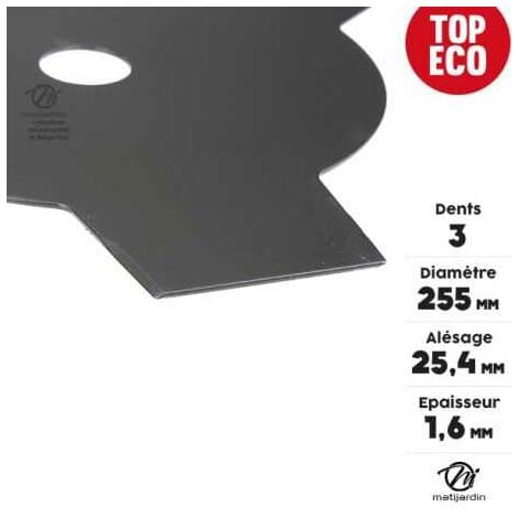 Lame 3 dents débroussailleuse. Ø 255 mm. Alésage 25,4 mm. Epaisseur 1,6 mm