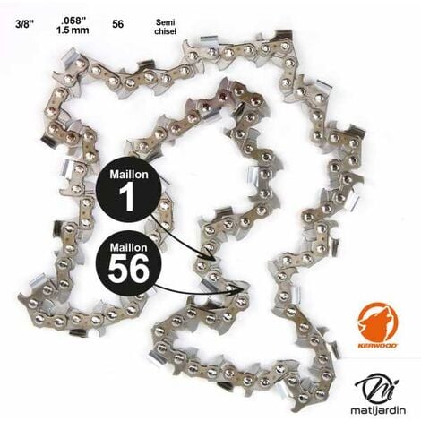 Chaîne Kerwood pour tronçonneuse 3/8" 1,5 mm. 56 maillons. Gouge profil ...