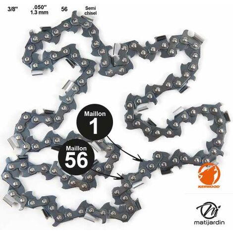 Chaîne Kerwood pour tronçonneuse 3/8" 1,3 mm. 56 maillons. Gouge profil ...