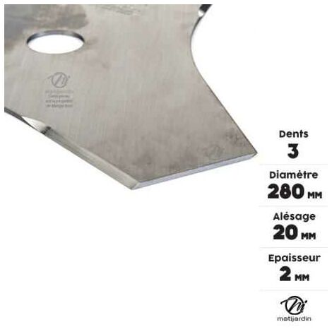 Lame 3 dents débroussailleuse. Ø 280 mm. Alésage 20 mm. Epaisseur 2 mm