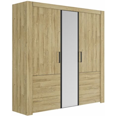 Armoire 3 portes avec miroir rangement haut effet bois chêne doré