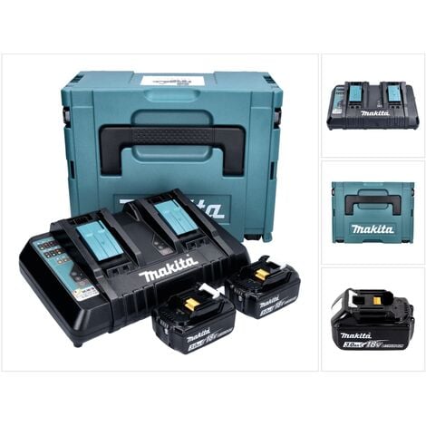 Makita Power Source Kit 18 V mit 2x BL 1830 B Akku 3,0 Ah ( 2x 197599-5 ) + DC 18 RD ...