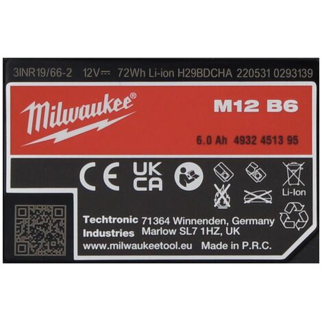 Milwaukee M12 B6 12 V 6,0 Ah / 6000 mAh Li-Ion Einschub Akku ( 4932451395 )