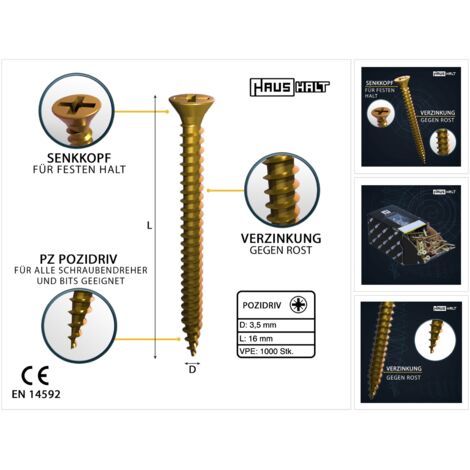 HausHalt Universal Holzbauschraube Holzschraube 3,5 x 16 mm PZ2 1000 ...