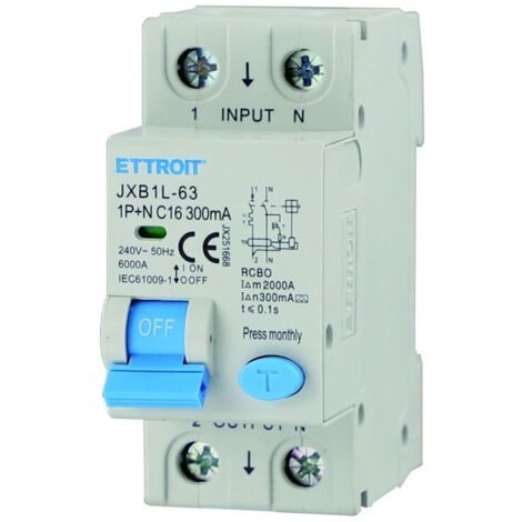 Interruttore magnetotermico differenziale 1P+N, 2 moduli, 220Vac, 16A, 300mA, 6KA, classe A ...