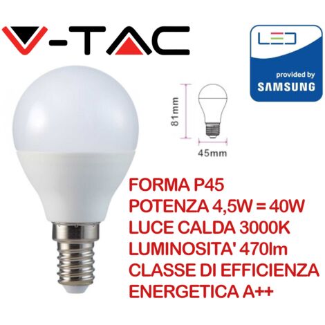 V-TAC PRO VT-225 Lampadina LED Chip Samsung E14 4,5W A++ P45 Bianco caldo - 3000K