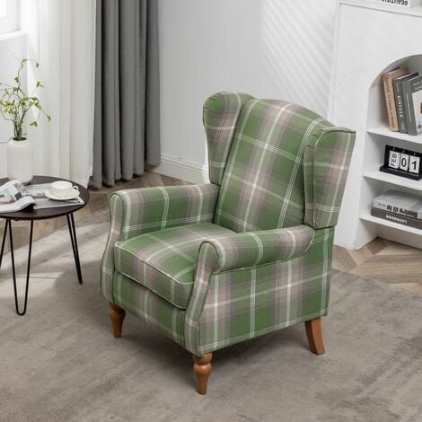 Wingback Chair Fireside High Back Armchair - Green Check