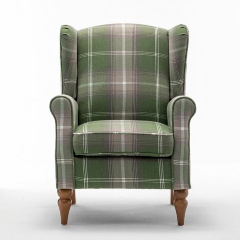Wingback Chair Fireside High Back Armchair - Green Check