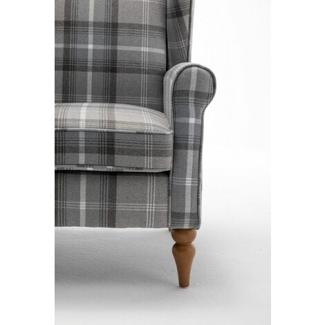 Wingback Chair Fireside High Back Armchair - Grey Check