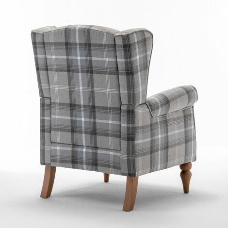 Wingback Chair Fireside High Back Armchair - Grey Check