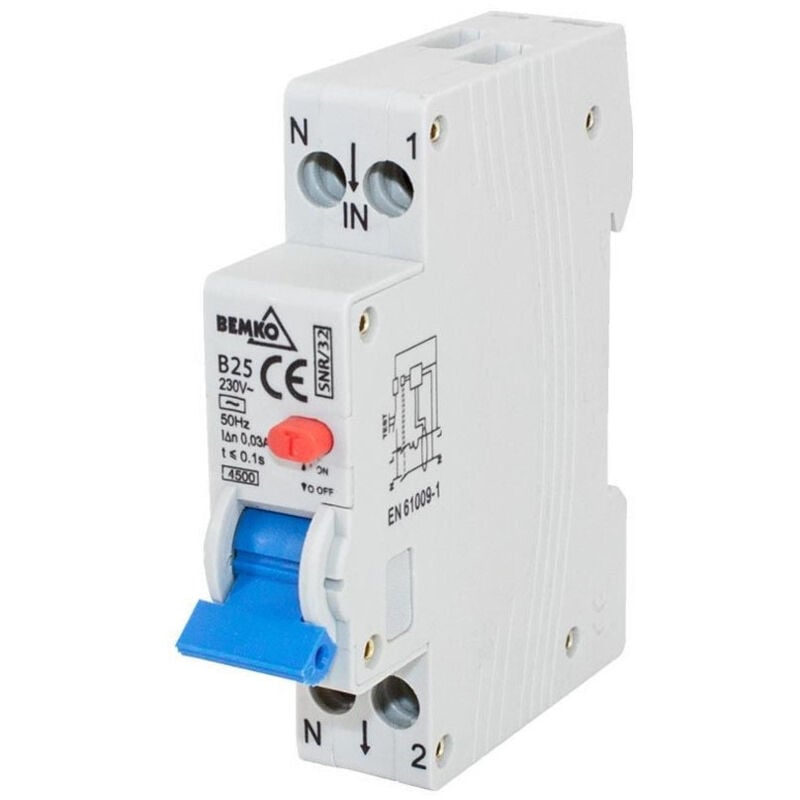 Disjoncteur différentiel 1P - 25A - 30mA - Type AC - Courbe C - Rail DIN