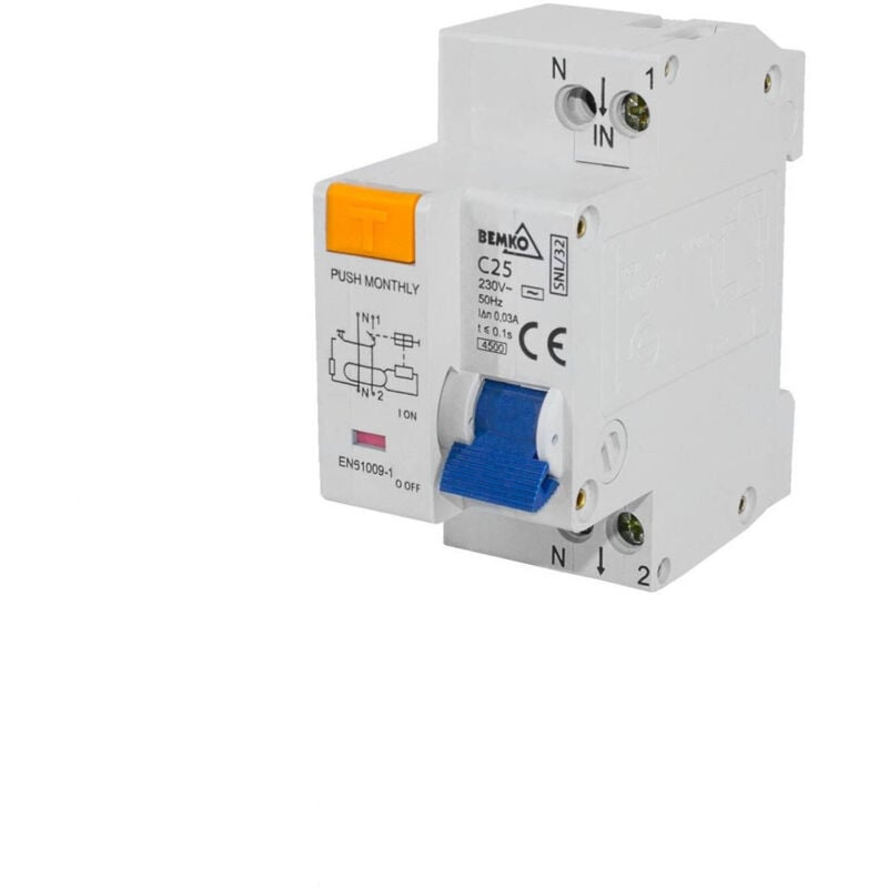 Disjoncteur différentiel 2P - 25A - 30mA - Type AC - Courbe C - Rail DIN