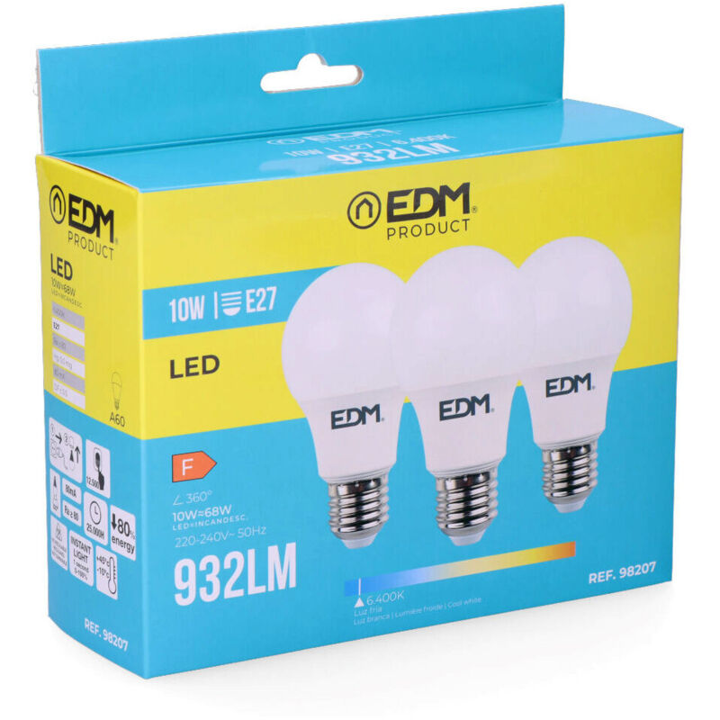 Lot de 3 Ampoules LED E27 10W Ronde A60 équivalent à 60W - Blanc du Jour 6400K