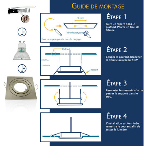 Lot de 10 Supports de plafond Support LED Encastrable orientable carré ...