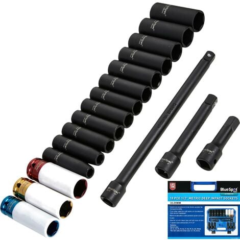 BlueSpot 18pc Deep Metric Impact Sockets Extension Bar Set 10mm - 24mm 1/2"