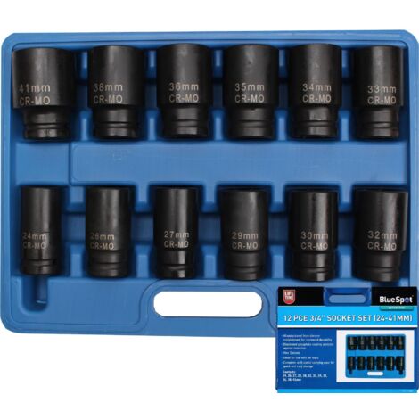 BlueSpot 12pc Impact Metric Deep Socket 24mm - 41mm 6pt Set 3/4" Drive