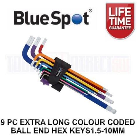BlueSpot Extra Long Colour Coded Ball End Metric Hex Key Set 9pc 1.5-10mm