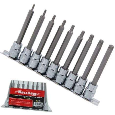 Neilsen 9pc Extra Long 6 Sided Star Plus Security Bit Sockets 3/8 ...