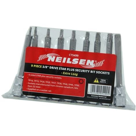 Neilsen 9pc Extra Long 6 Sided Star Plus Security Bit Sockets 3/8 ...
