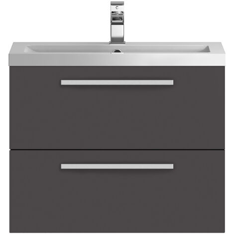 Wall Hung 2 Drawer Vanity Unit with Polymarble Basin, 720mm - Gloss Grey