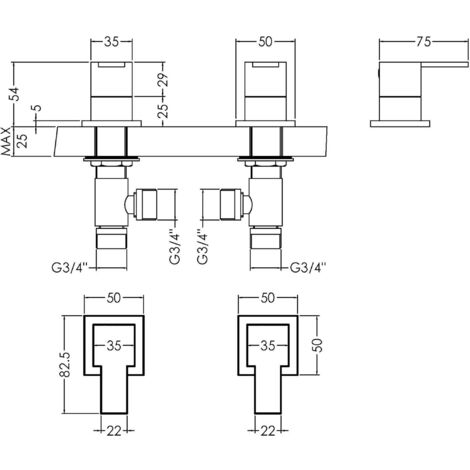 Contemporary Square Deck Mounted 3/4" Chrome Side Valves - Chrome