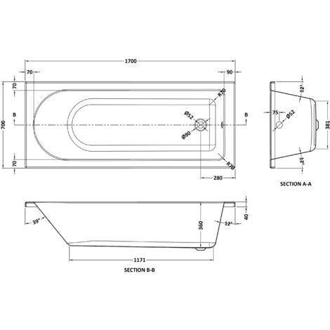 1700 x 700mm Round Bathtub, Front Panel with Square Hinged Bath Screen ...