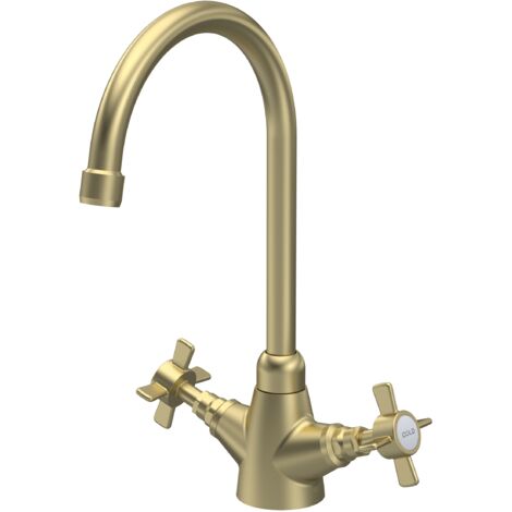 Traditional Mono Mixer Kitchen Tap with Crosshead Handles - Brushed Brass