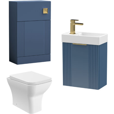 Cloakroom Suite - Fluted Wall Hung Vanity, WC, Toilet and Tap - Blue/Brass